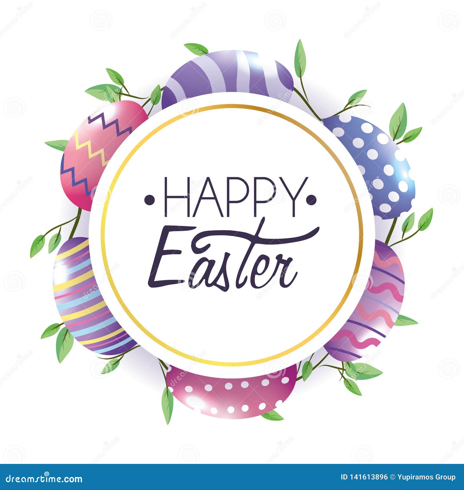 Happy Easter Label with Easter Eggs and Plants Leaves Stock Vector ...