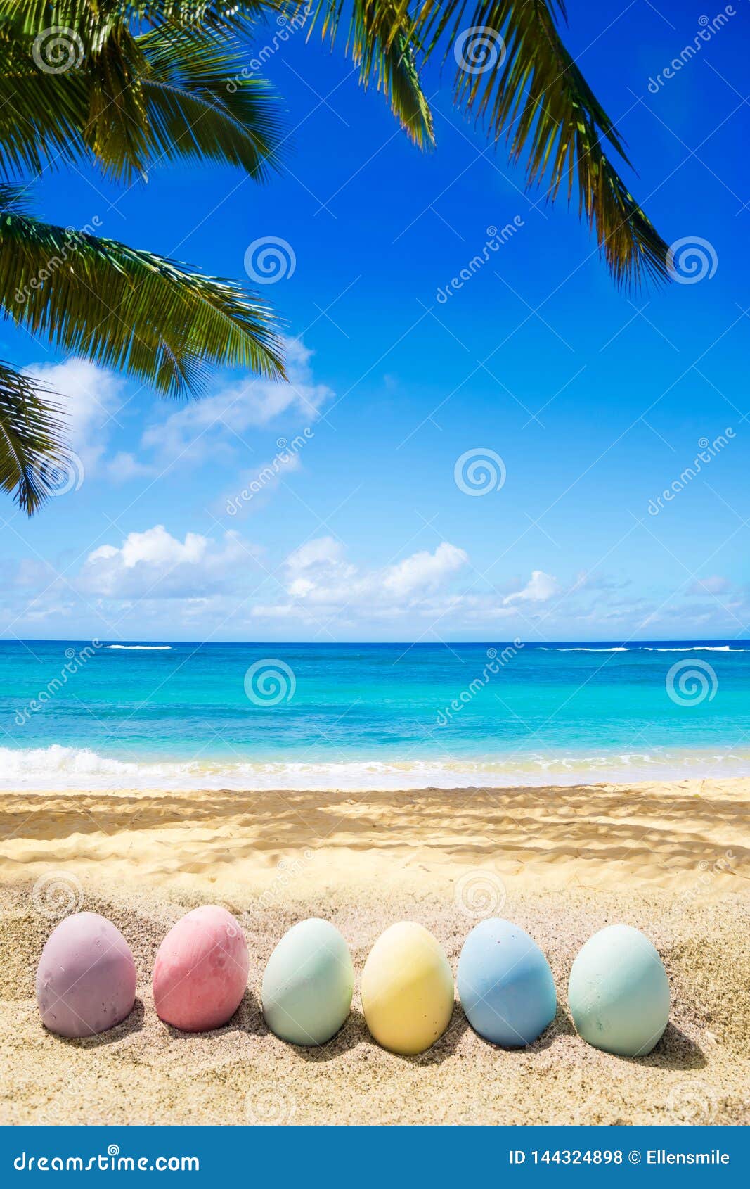 Happy Easter Lettering Background with Eggs on the Sandy Beach Stock ...