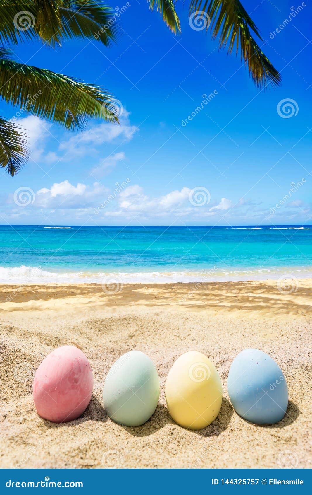 Happy Easter Lettering Background with Eggs on the Sandy Beach Stock ...