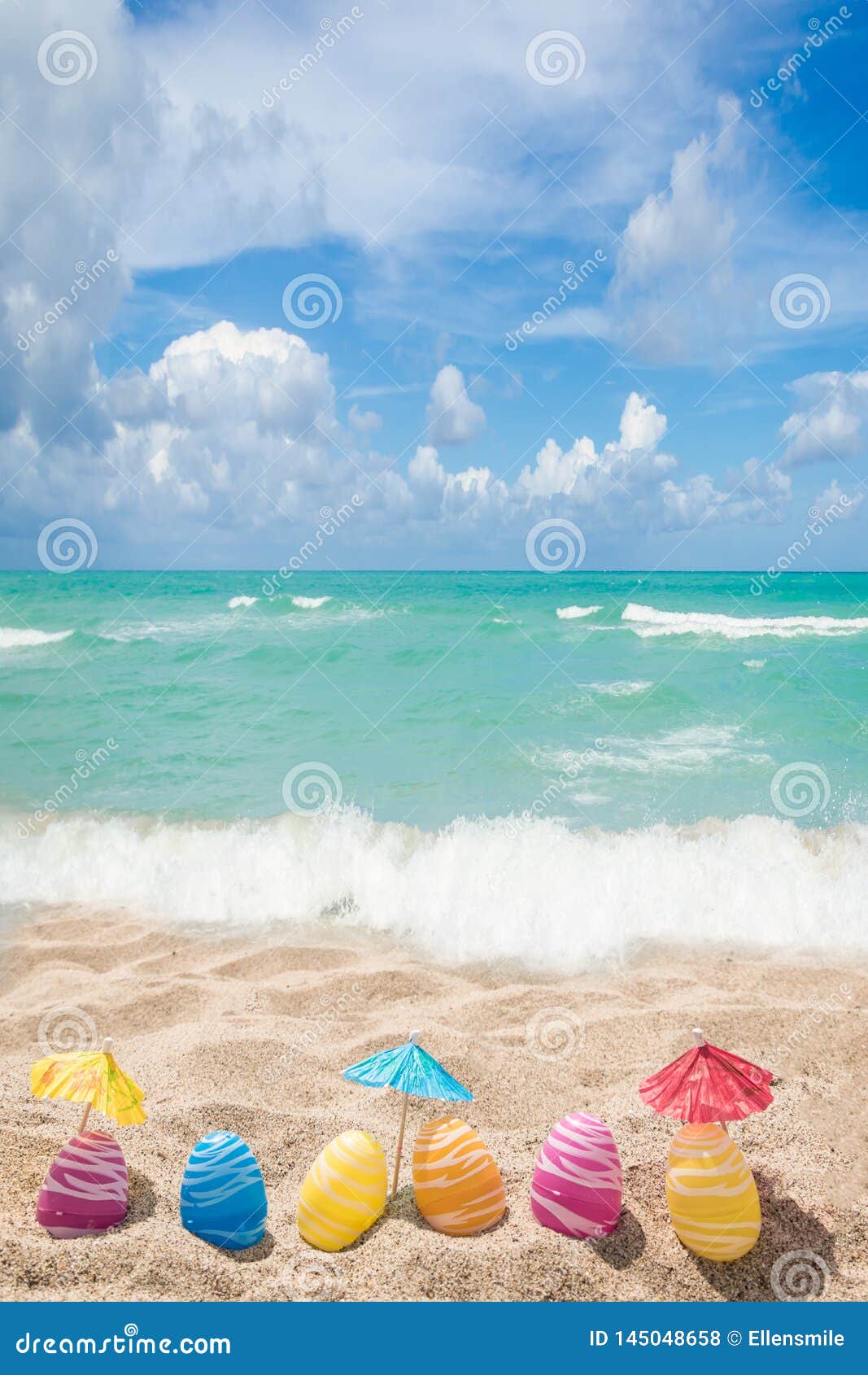 Happy Easter Lettering Background with Eggs on the Sandy Beach Stock ...