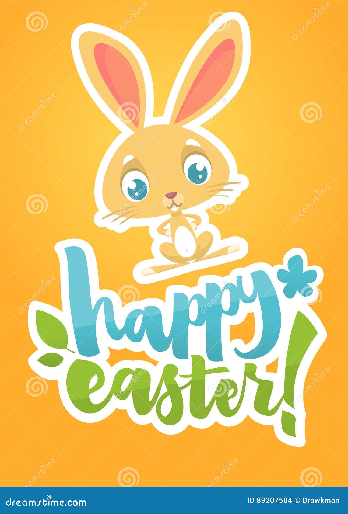 Happy Easter Lettering Card With Cartoon Bunny Rabbit Hand Drawn