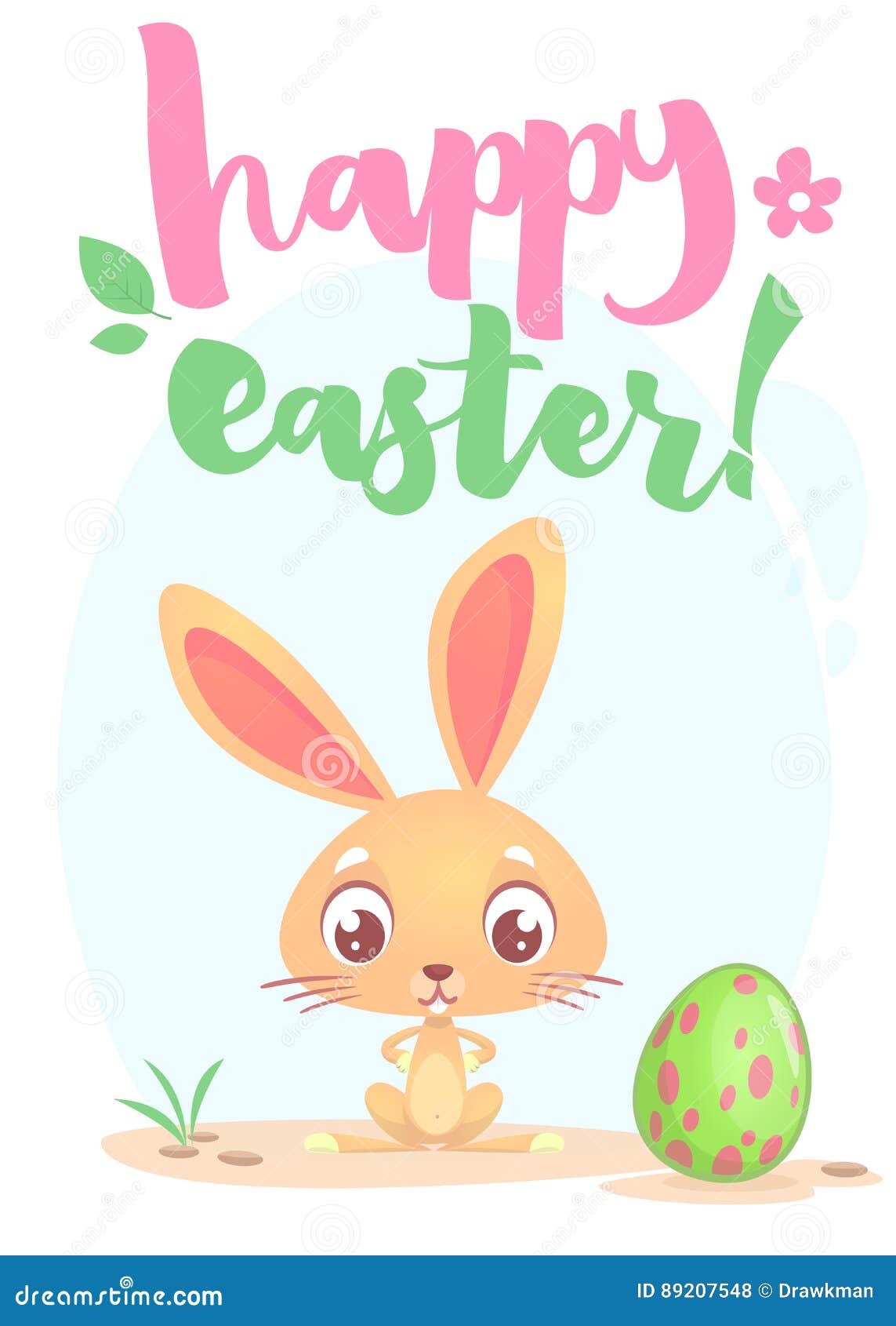 Happy Easter Lettering Card With Cartoon Bunny Rabbit Stock Vector