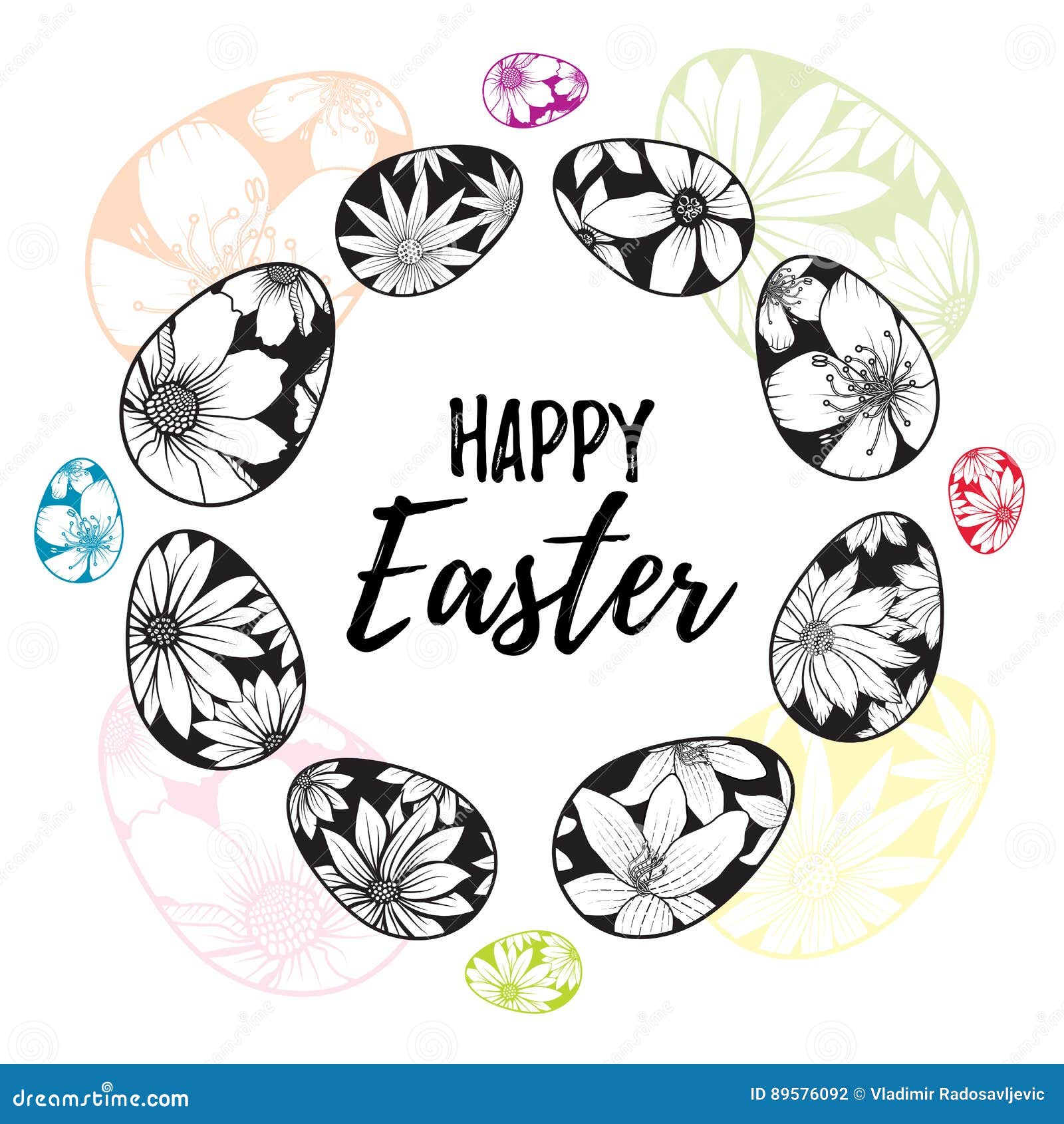 Happy Easter Lettering Inside Hand Drawn Eggs Wreath with with Floral ...