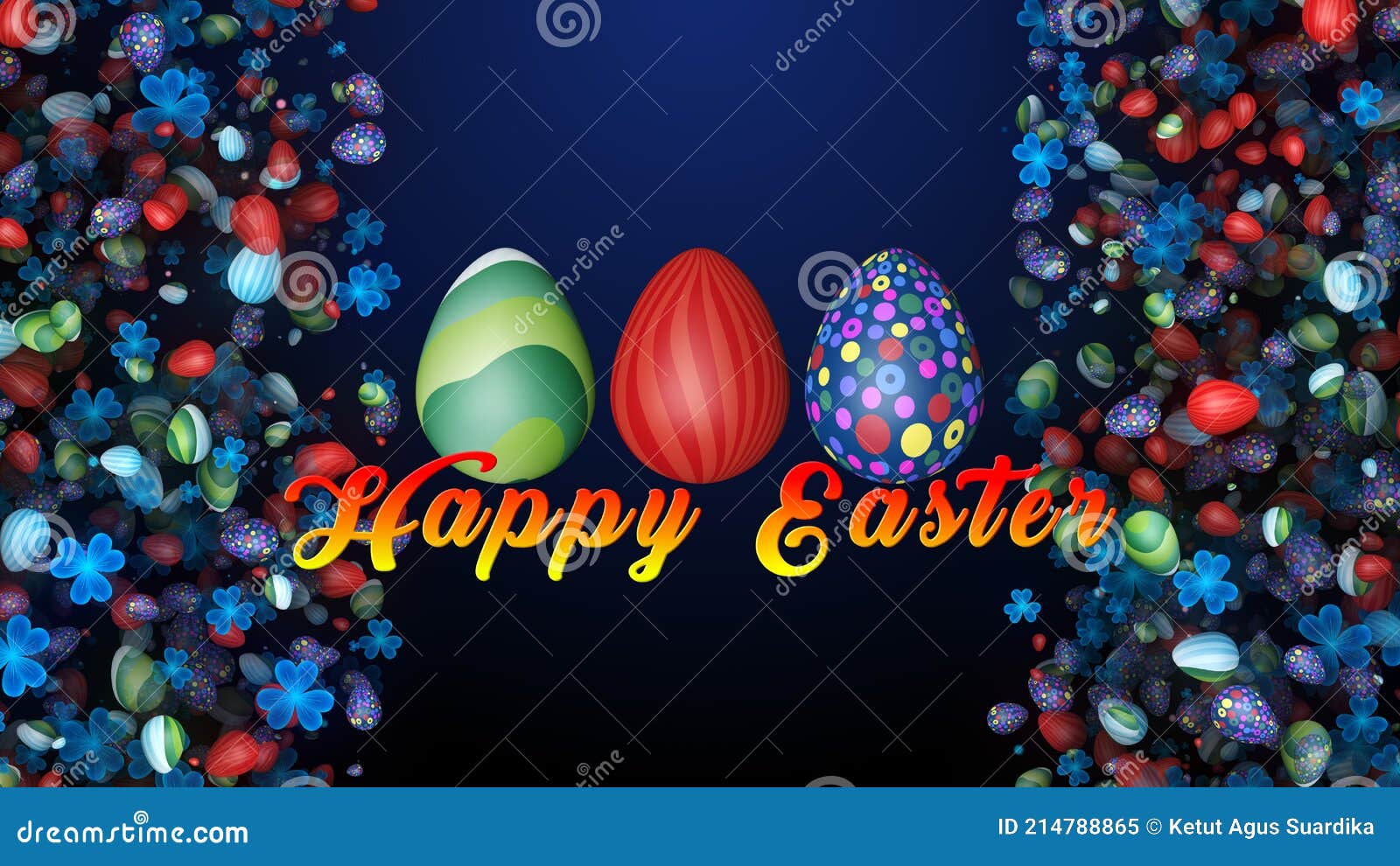 Happy Easter Lettering and 3 Types Patterned Easter Eggs Amid Falling ...