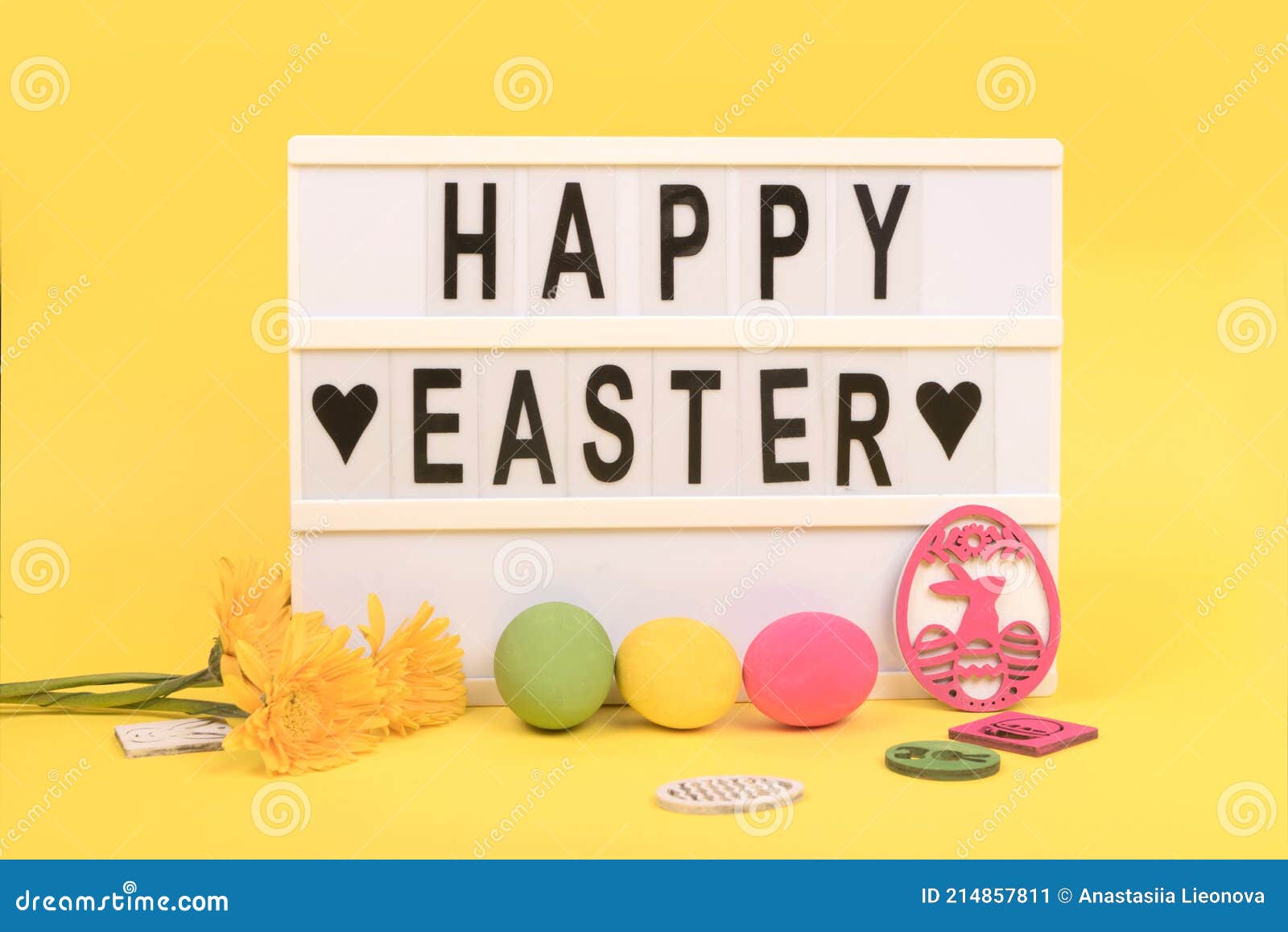 Happy Easter Letters and Easter Eggs on Yellow Background Stock Image ...