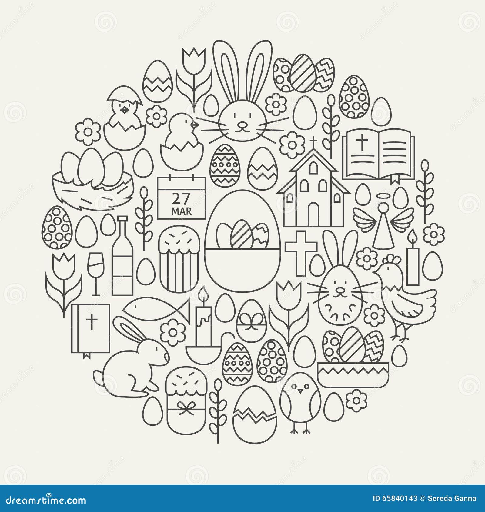 Happy Easter Line Icons Set Circle Shape Stock Vector - Illustration of ...