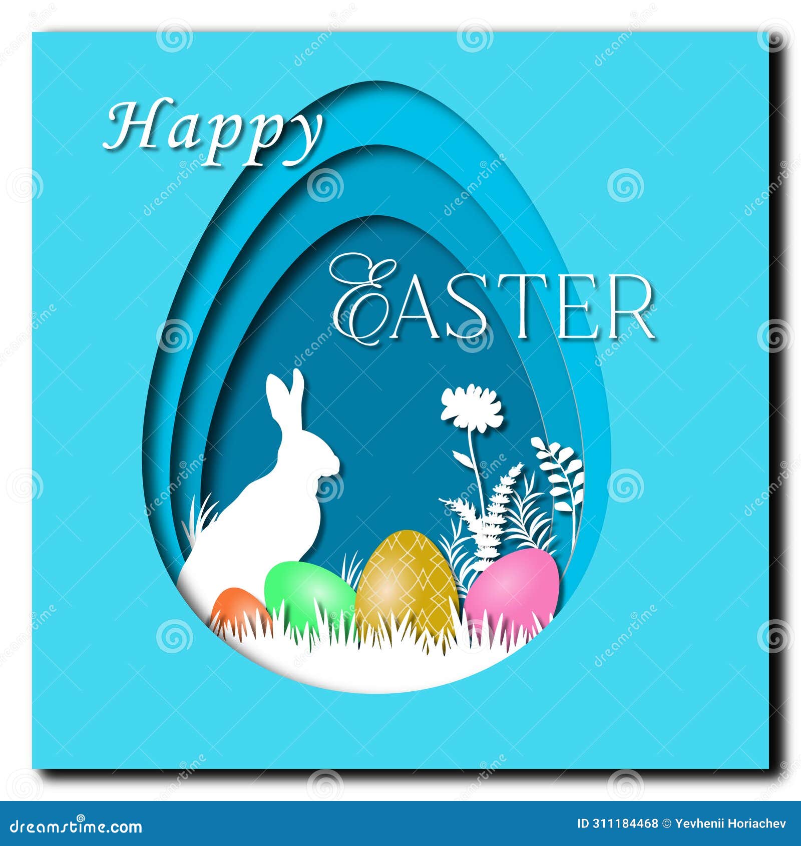 Happy Easter, Paper Cut Card with Rabbit and Flowers. Stock Vector ...