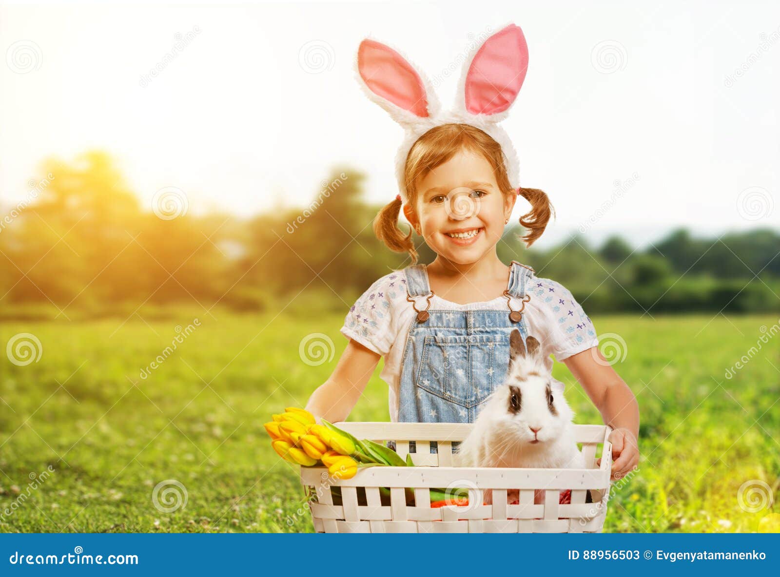 Happy Easter! Pretty Child Girl with Rabbit in Nature Stock Image ...