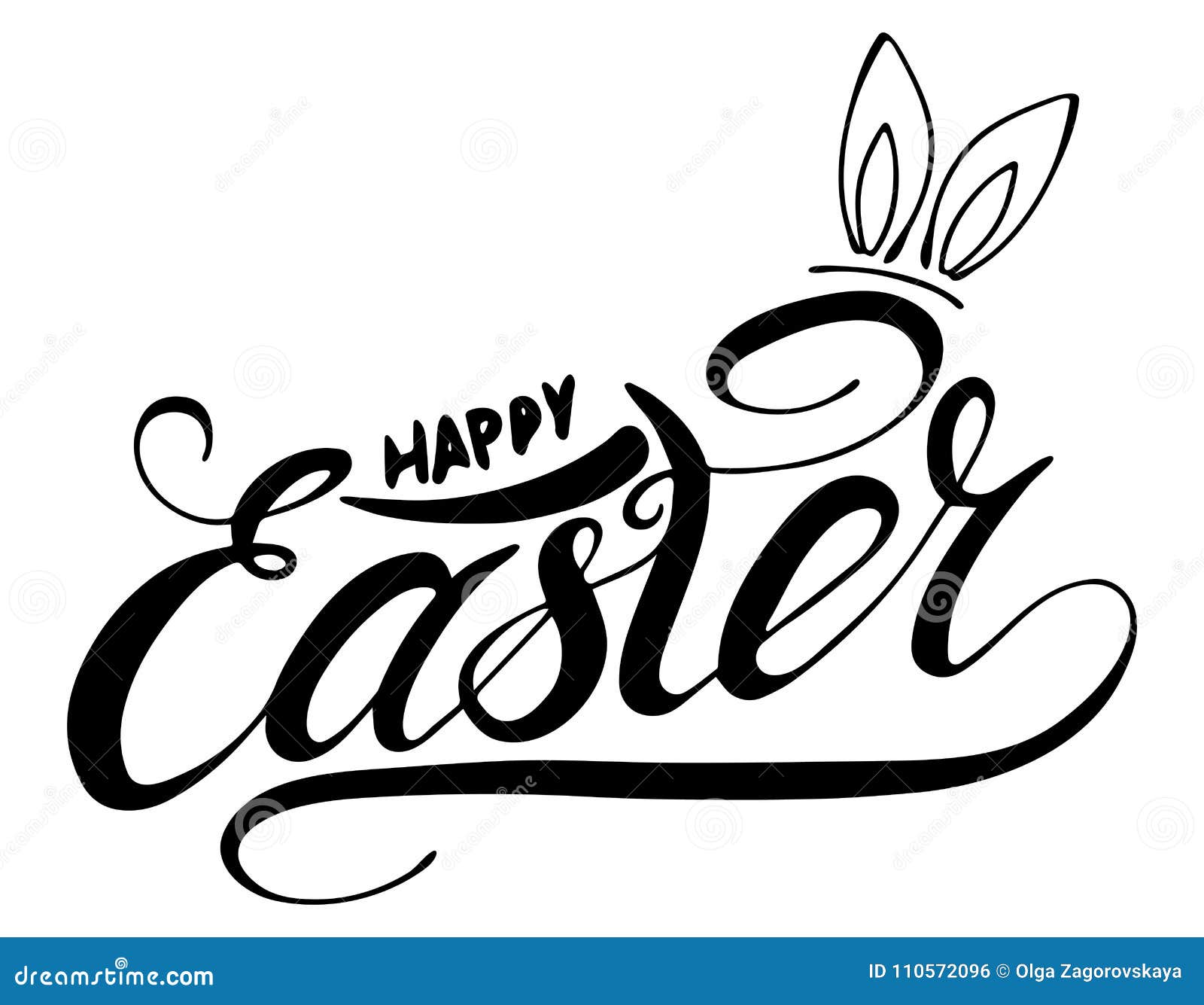 Happy Easter With Rabbit Ear Handwritten Lettering Card Stock Vector