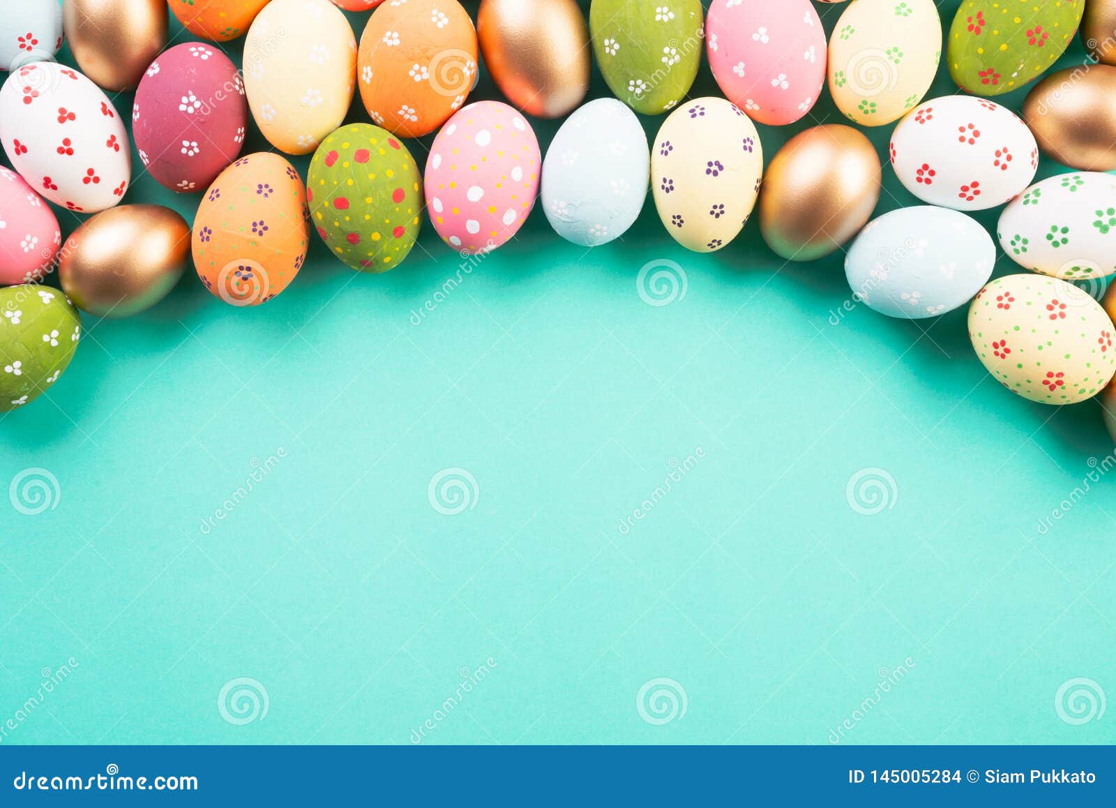 Happy Easter! Row Easter Eggs on Green Pastel Background Stock Photo ...