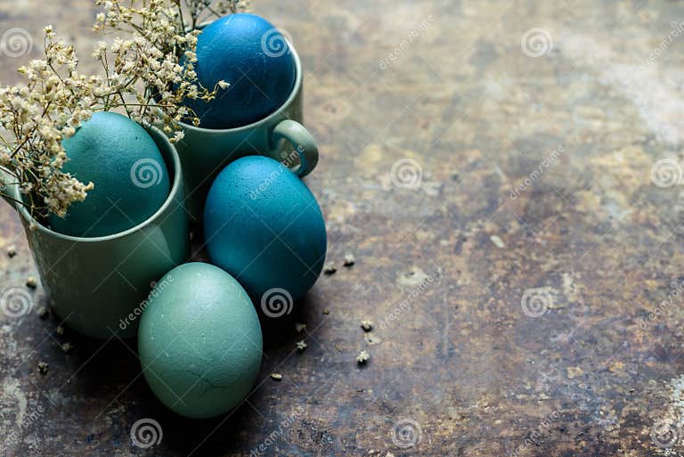 Happy Easter Rustic Concept. DIY Dyed Various Shades of Blue Easter ...