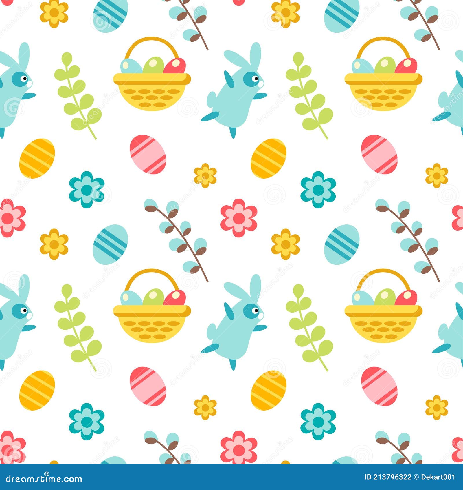 Happy Easter Seamless Pattern with Bunny, Leaves, Basket, Egg, Flower ...