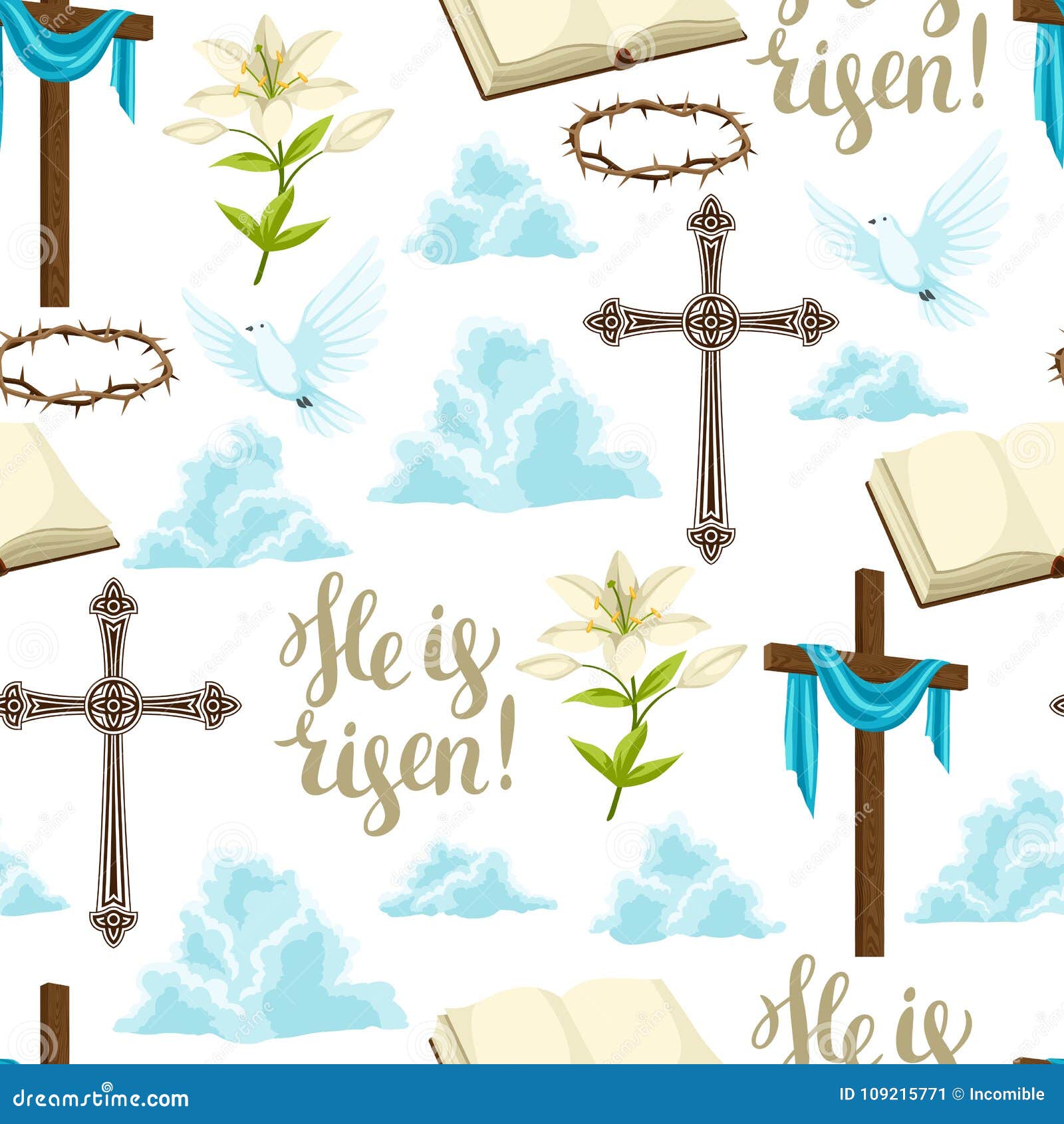 Happy Easter Seamless Pattern of Decorative Objects. Religious Symbols ...