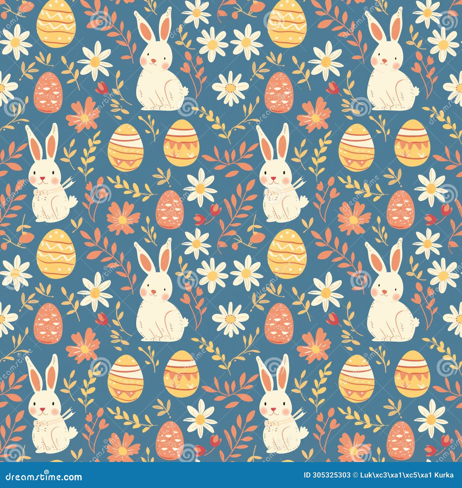 Happy Easter Seamless Pattern. Hand Draw Easter Background with Colorful Eggs and Easter Bunnies ...