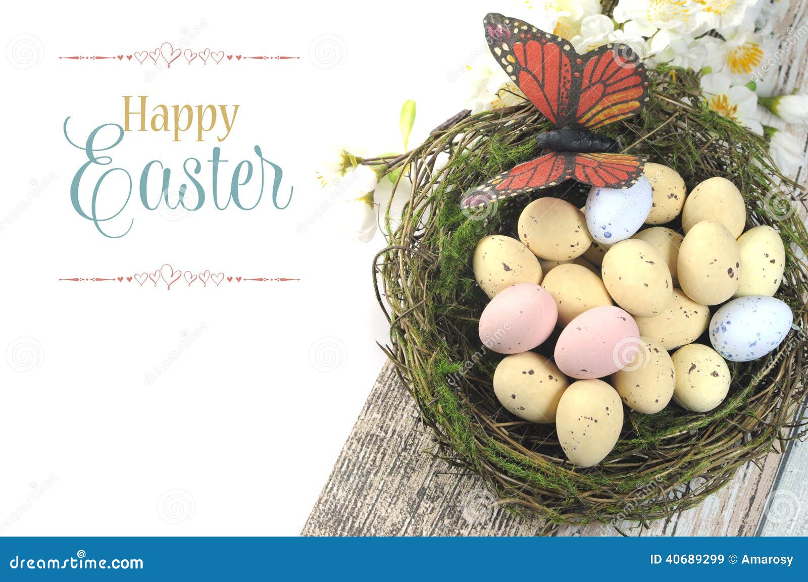 Happy Easter Shabby Chic Table with Speckled Birds Eggs and Butterfly ...