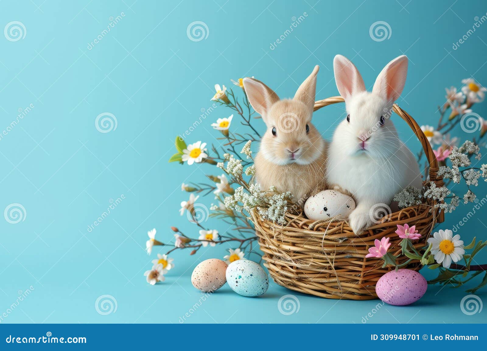 Happy Easter Sky Blue Eggs Devoted Basket. White Carnation Bunny Unique ...