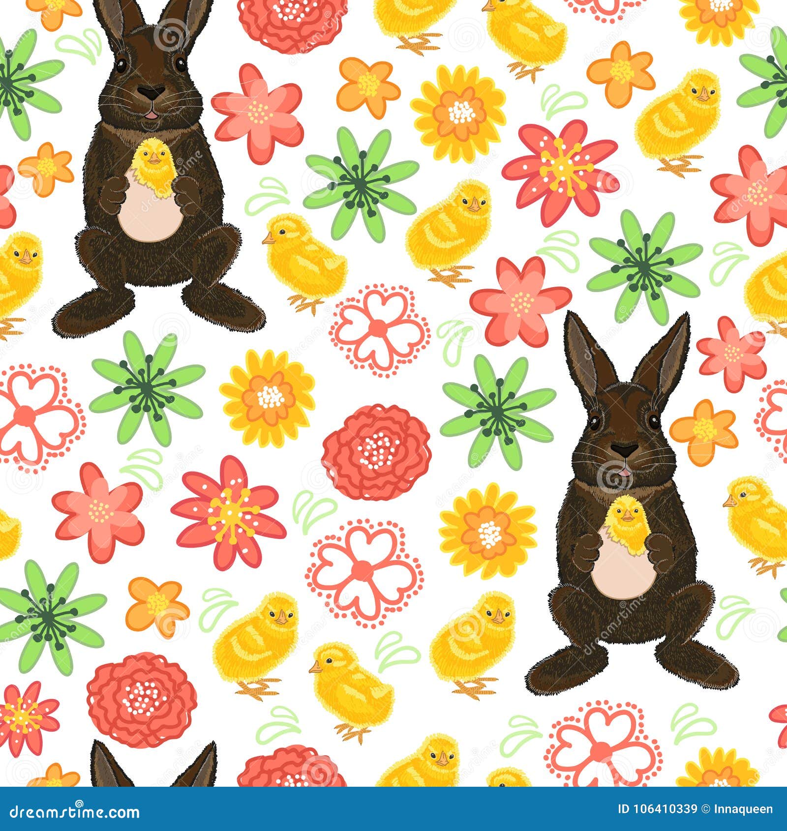 Happy Easter. Spring Background with Rabbit, Chicks and Flowers Stock ...