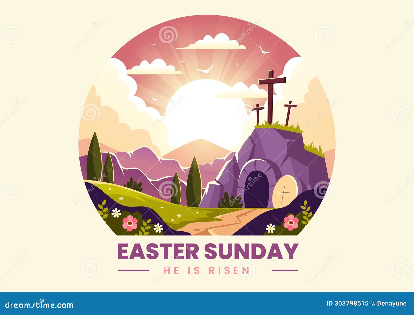 Happy Easter Sunday Vector Illustration of Jesus, he is Risen and ...