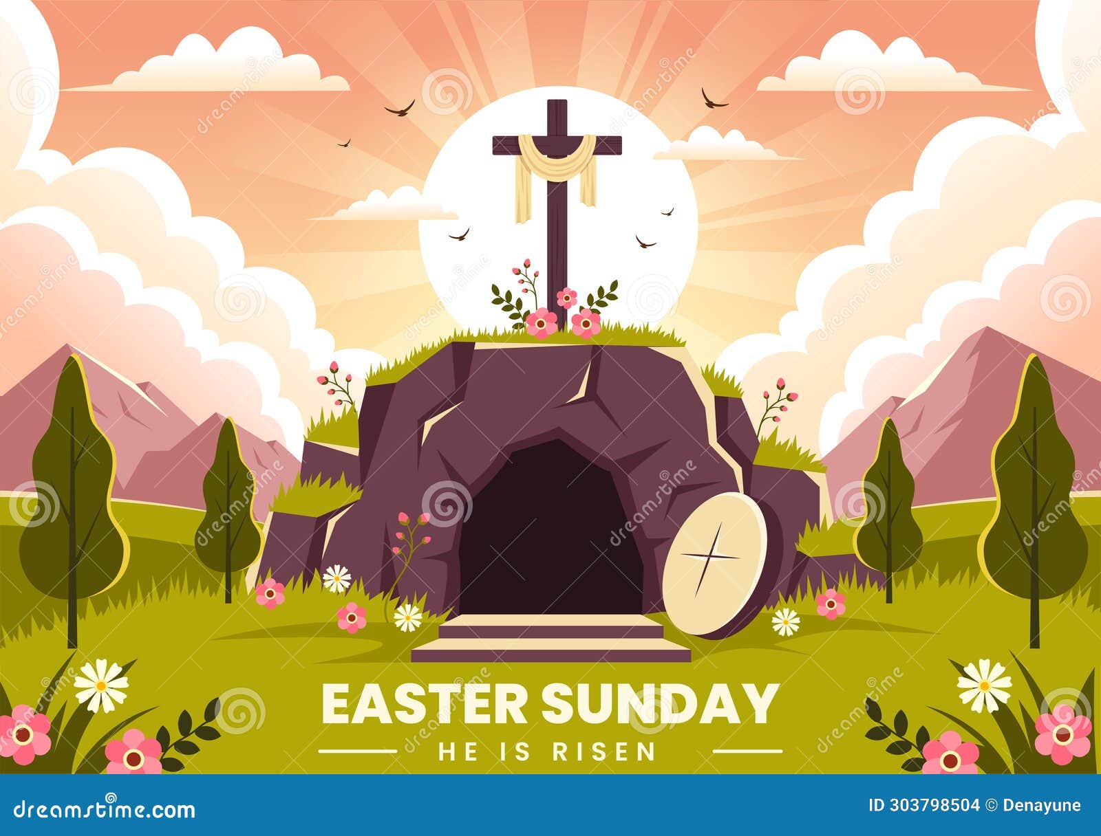 Happy Easter Sunday Vector Illustration of Jesus, he is Risen and ...