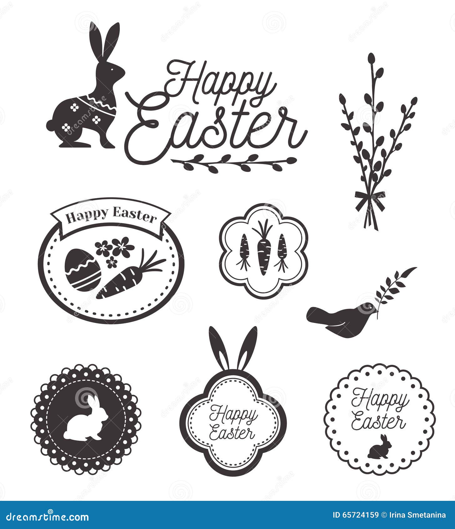 Happy Easter Template, Icons, Signs with Birds, Eggs and Rabbit Stock ...