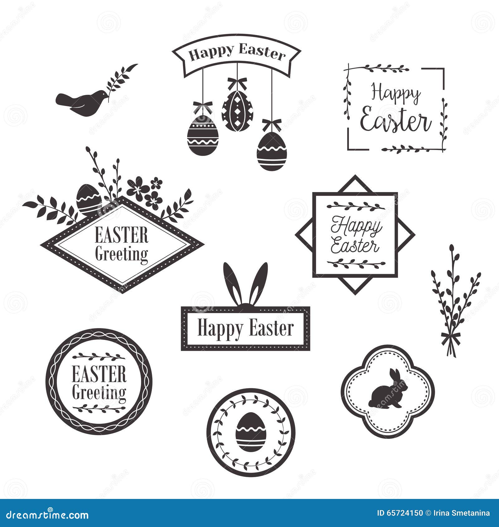 Happy Easter Templates, Icons, Labels with Birds, Eggs and Rabbits ...