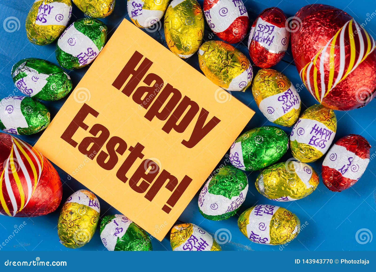 Happy Easter Text Concept with Colored Chocolate Eggs Stock Photo ...