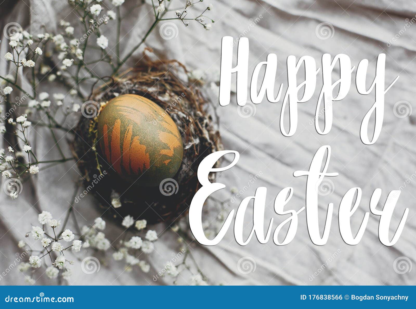 Happy Easter Text. Easter Greetings Card. Stylish Easter Egg in Rustic ...