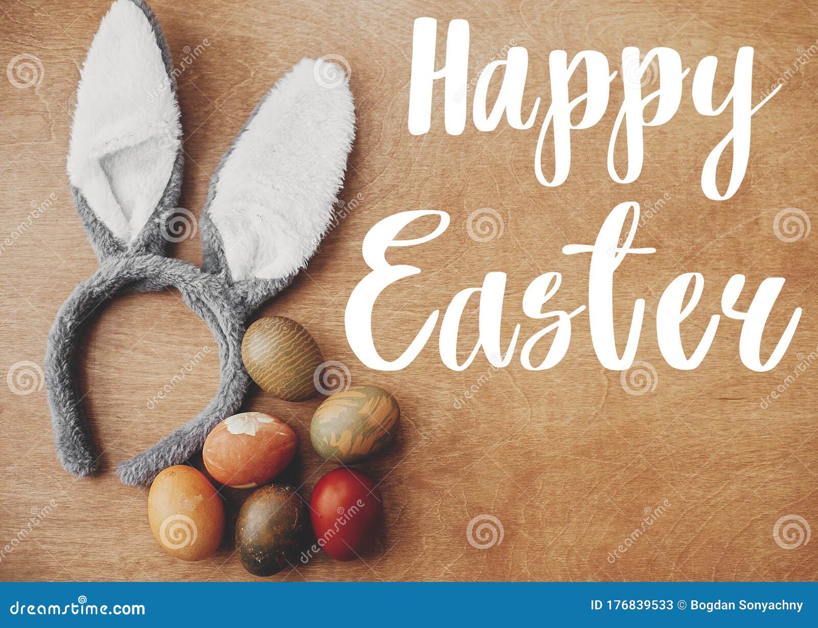 Happy Easter Text. Easter Greetings Card. Stylish Easter Eggs Flat Lay ...