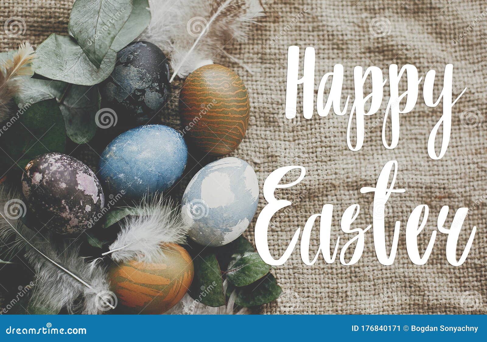 Happy Easter Text. Easter Greetings Card. Stylish Easter Eggs in Rustic ...