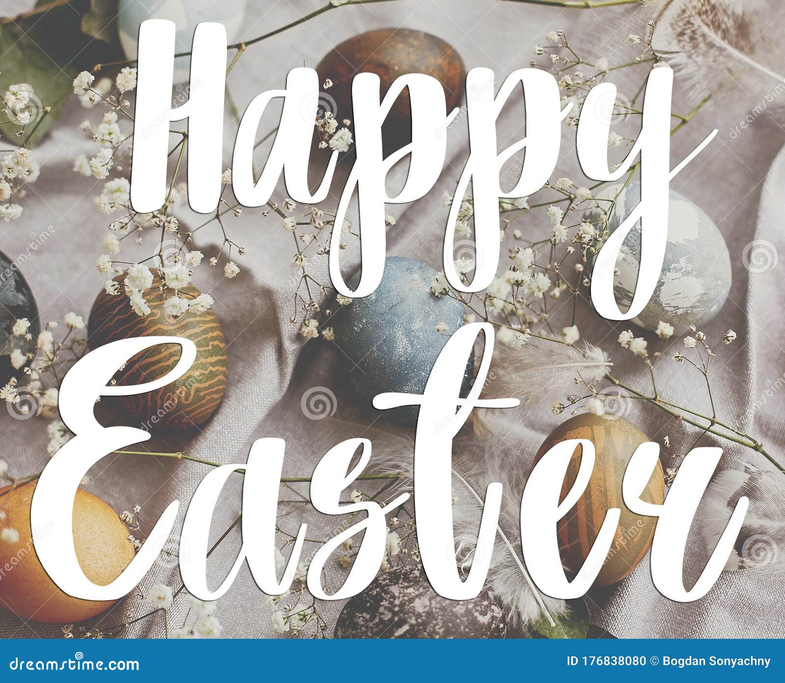 Happy Easter Text. Easter Greetings Card. Stylish Easter Eggs on Rustic ...