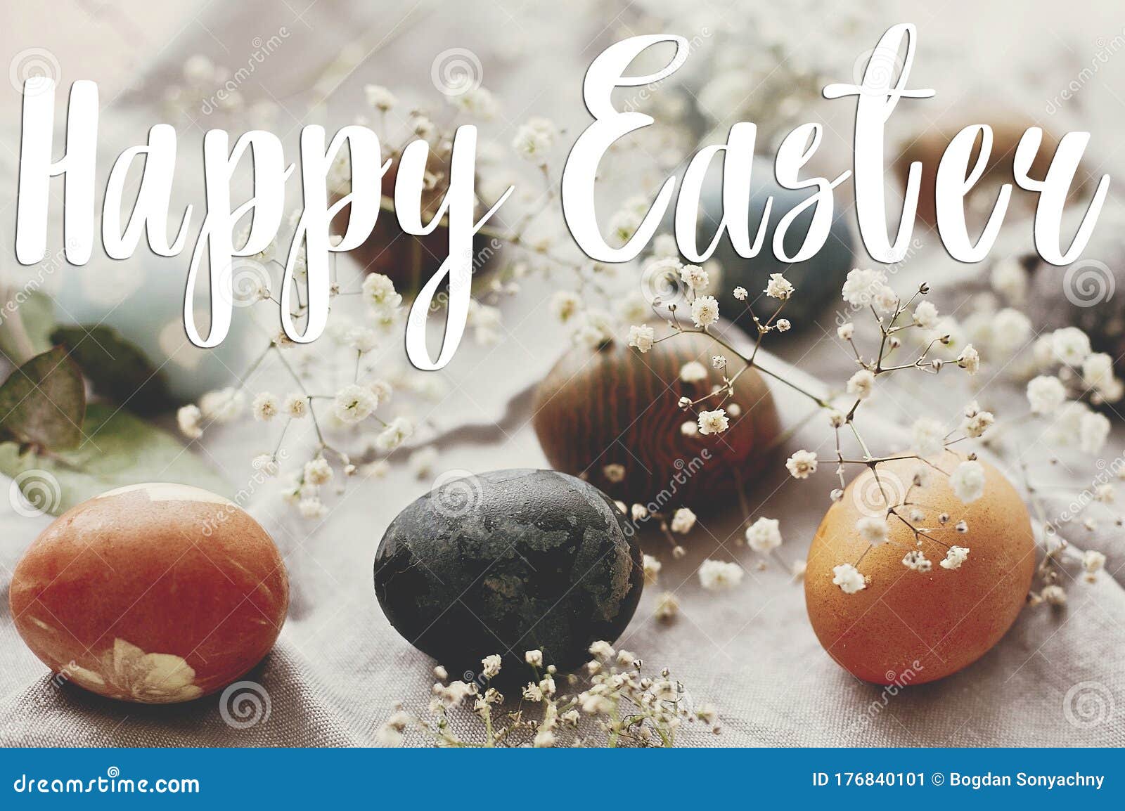 Happy Easter Text. Easter Greetings Card. Stylish Easter Eggs on Rustic ...