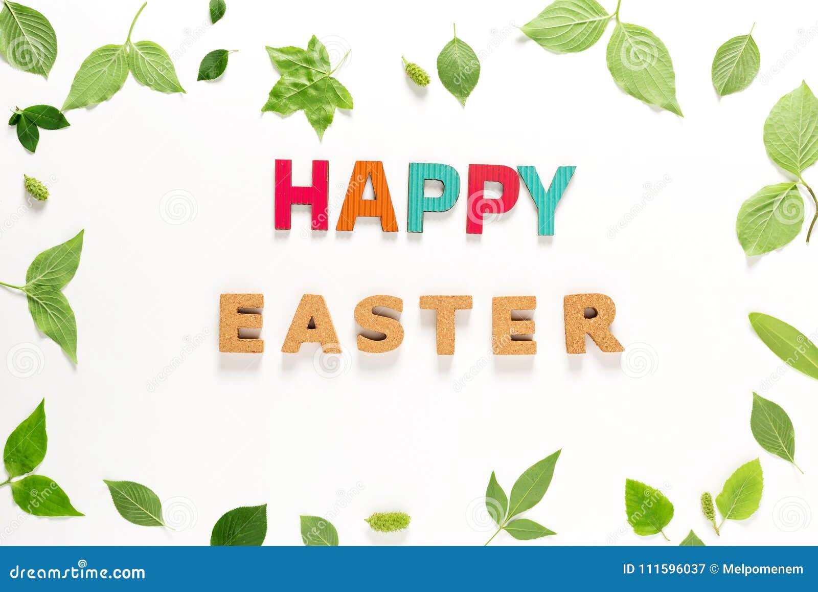 Happy Easter Text with Green Leaves Stock Image - Image of leaf ...