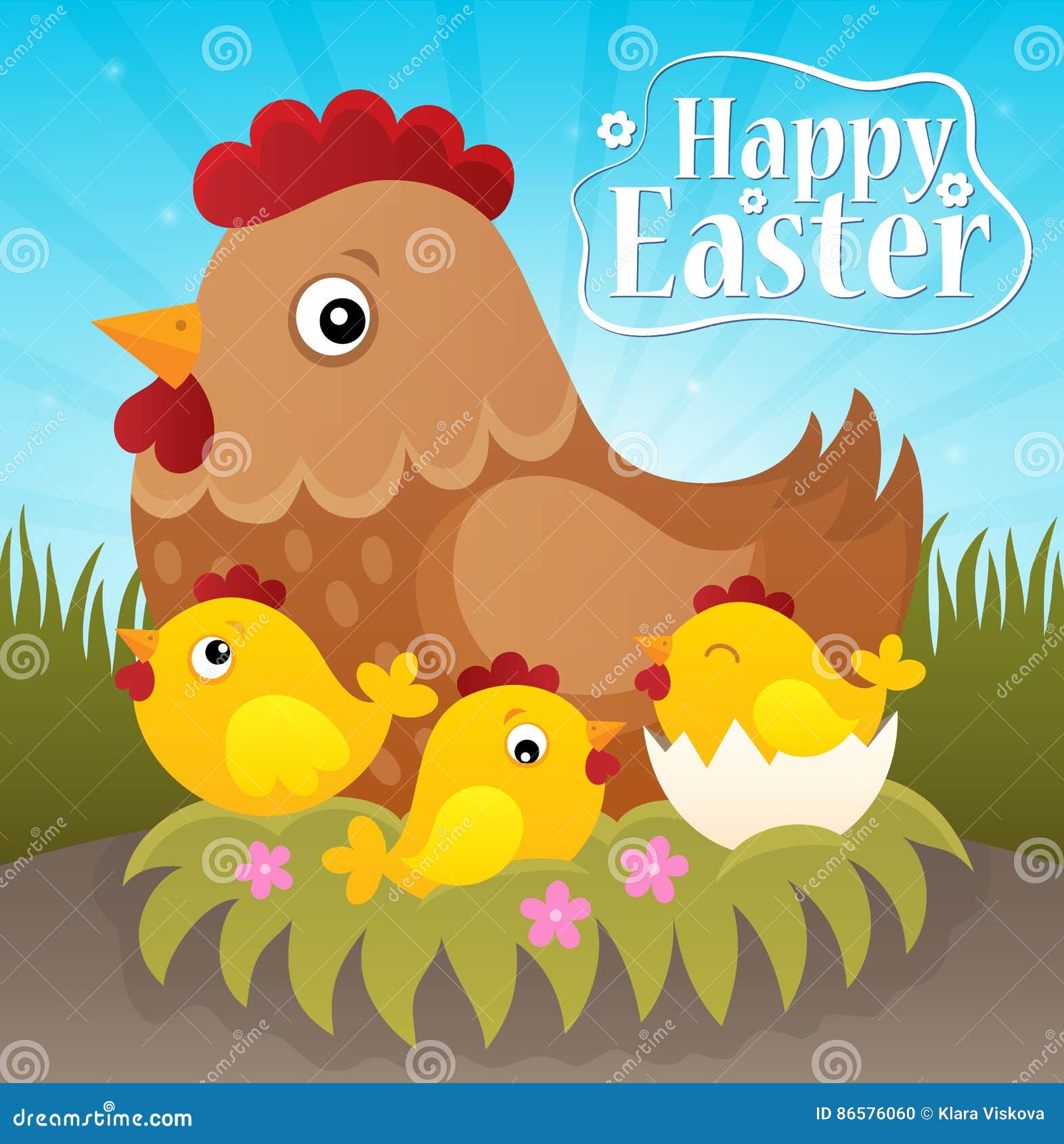 Happy Easter Theme with Hen and Chickens Stock Vector - Illustration of ...