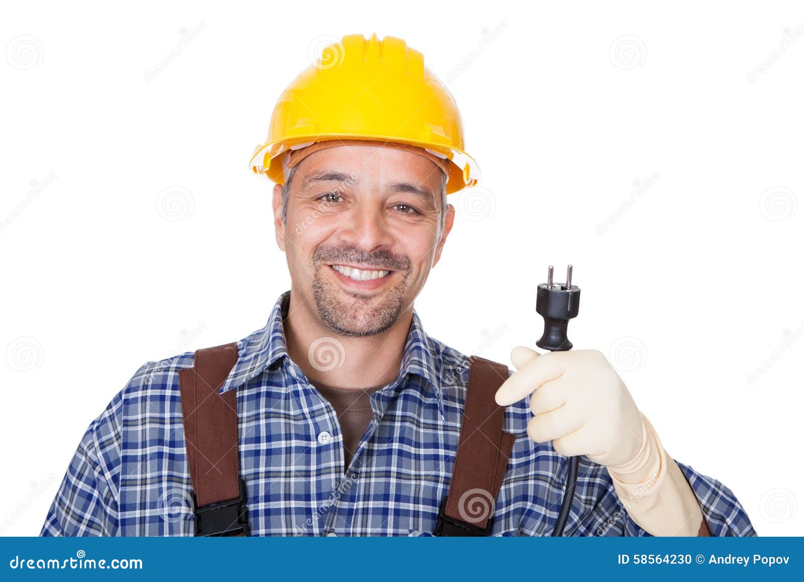 Happy Electrician Holding Wire Plug Stock Photo - Image of energy ...