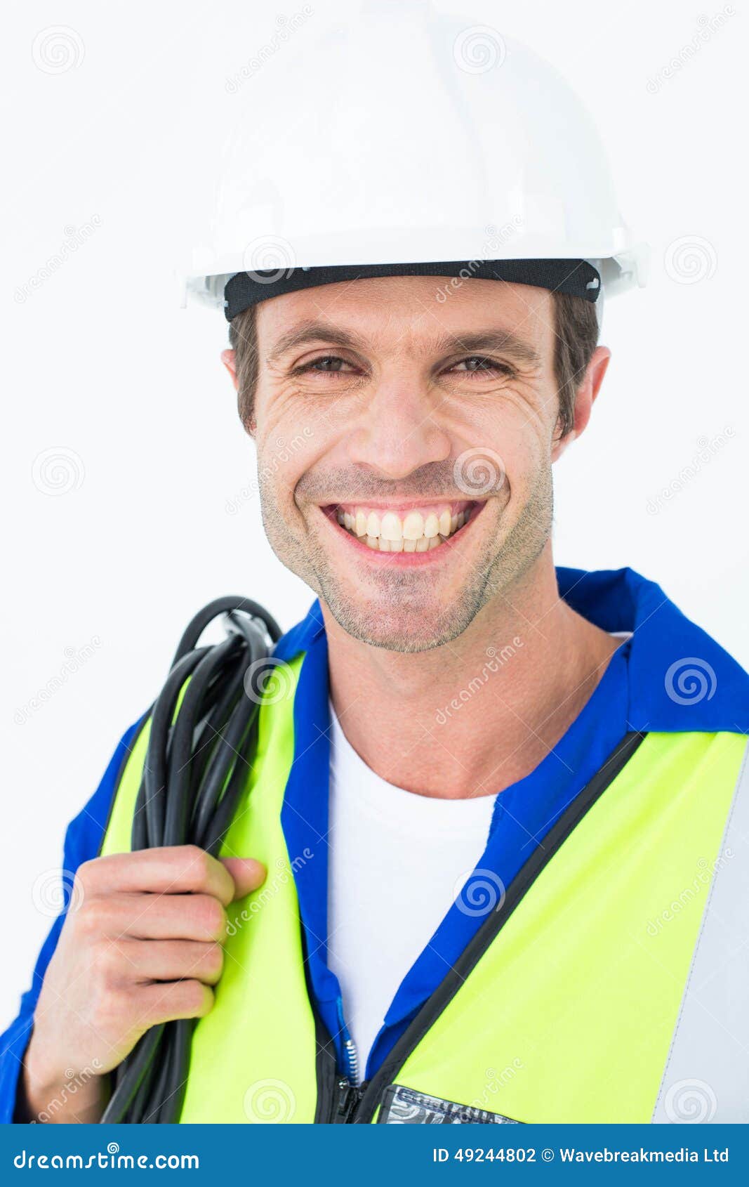 Happy Electrician with Wire Against White Background Stock Photo ...