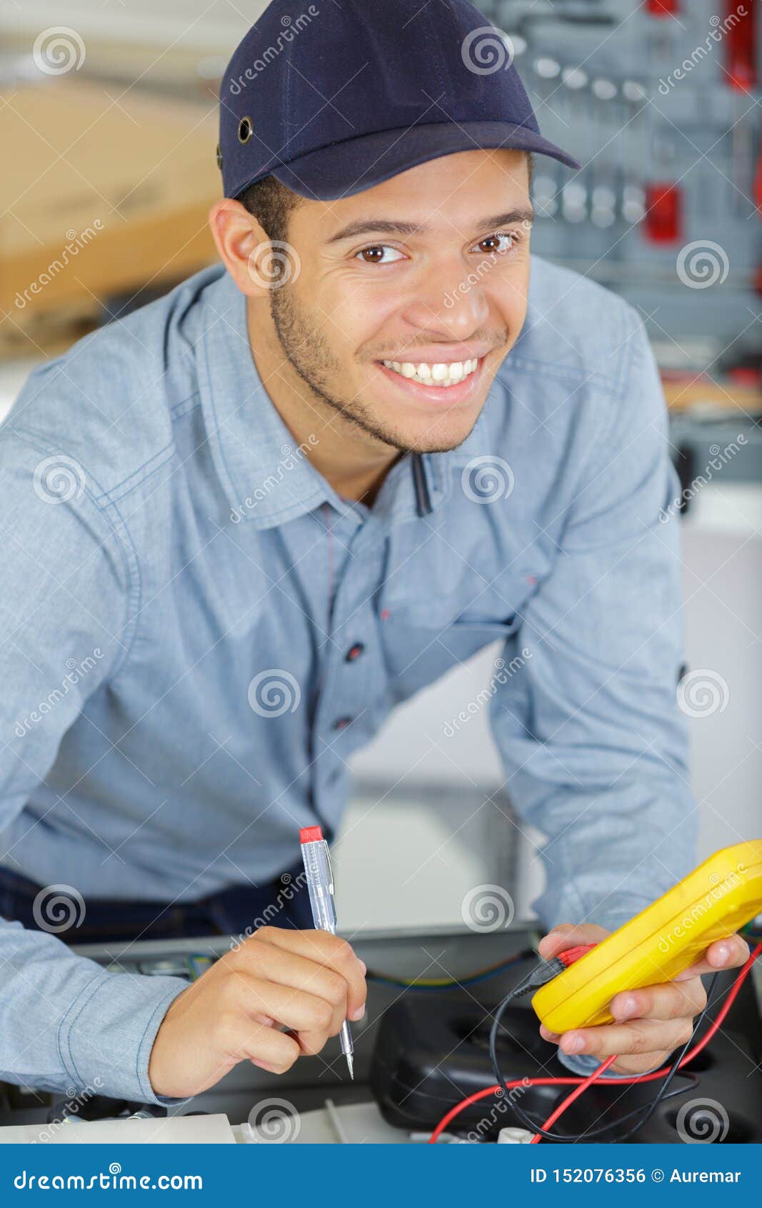 Happy Electrician Working Safely Stock Photo - Image of industry ...