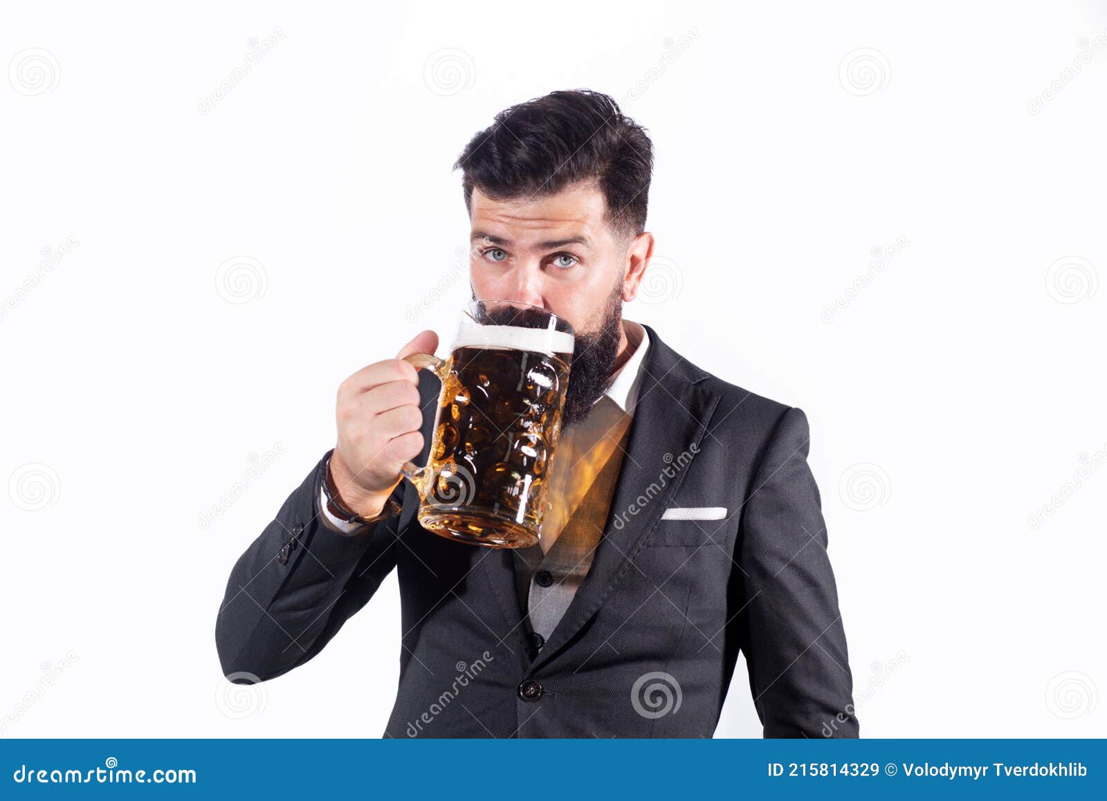 Happy Elegant Man Drinking Beer. Happy Brewer Holding Glass with Beer ...