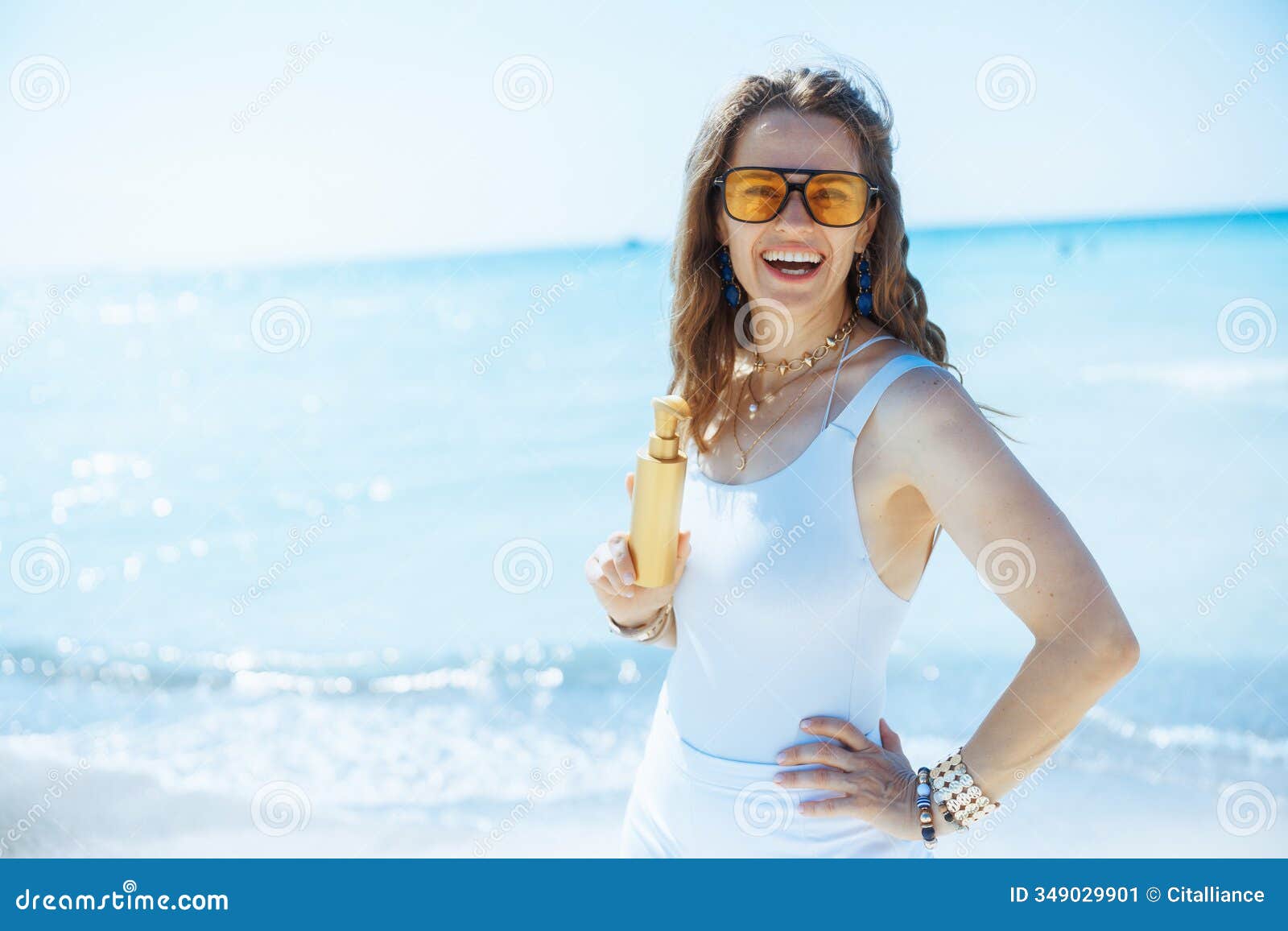 Happy Elegant Woman on Beach with Spf Stock Image - Image of screen ...