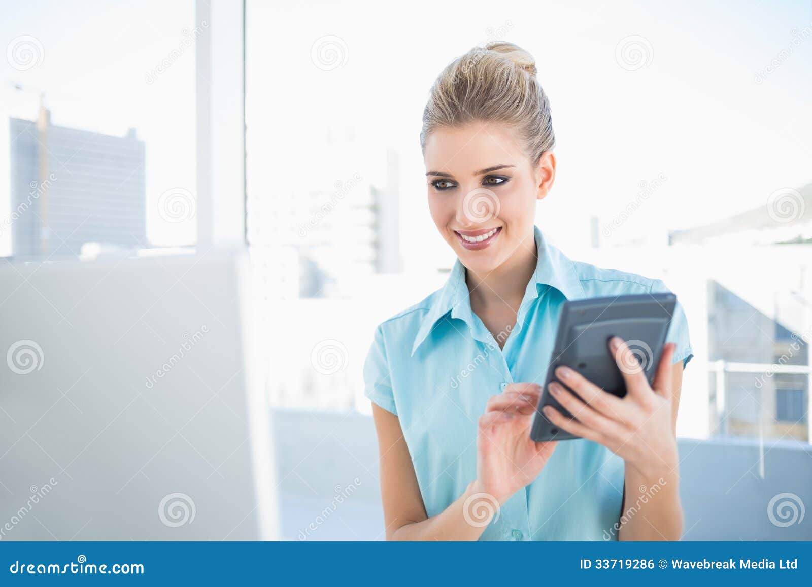 Happy Elegant Woman Using Calculator Stock Photo - Image of notebook ...
