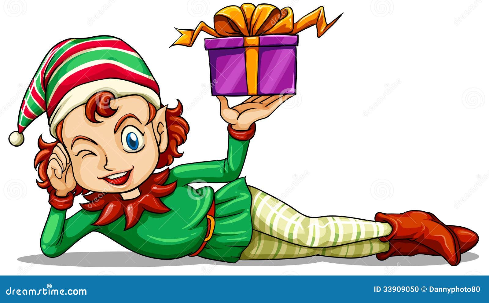 A happy elf holding a gift stock vector. Illustration of christ - 33909050