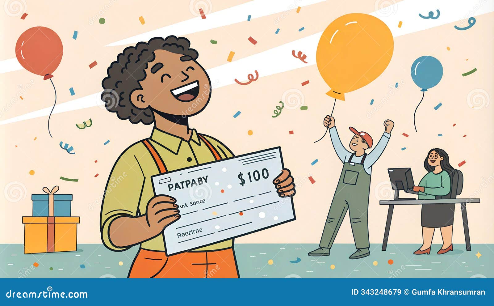 Happy Employee Celebrating with Paycheck, Balloons, and Confetti Stock ...
