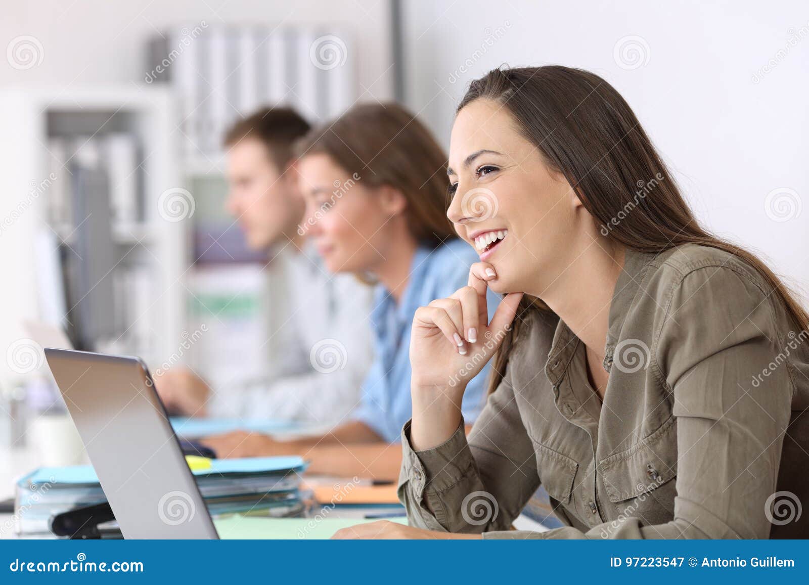 Happy Employee Imagining at Office Stock Image - Image of desk ...