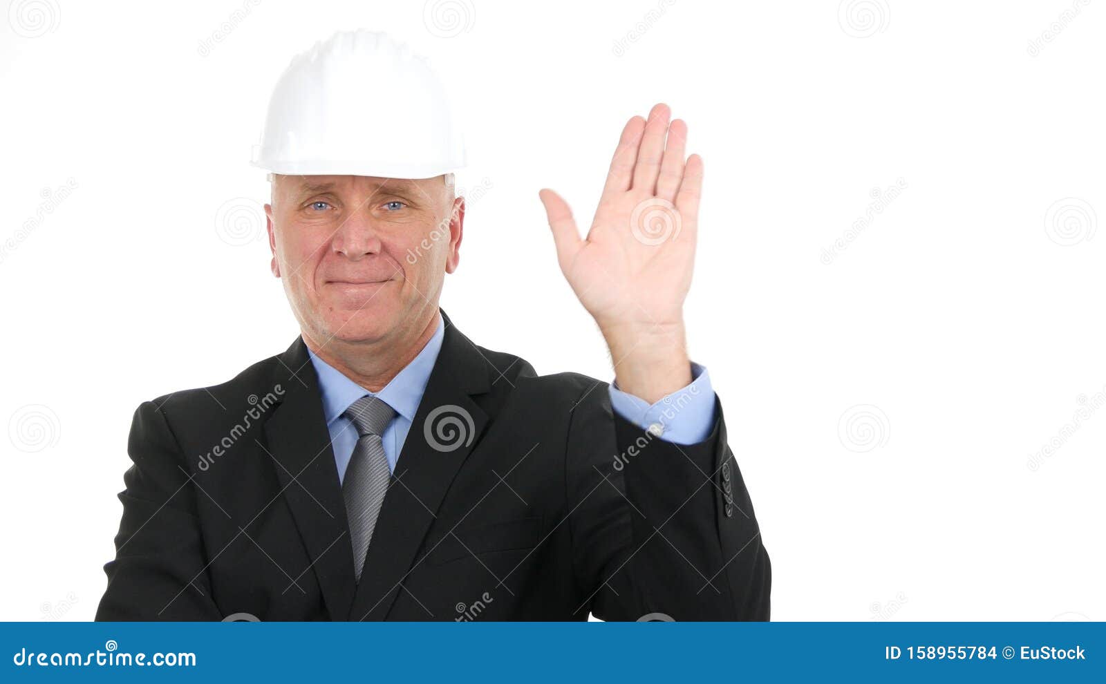 Happy Engineer Image Making Hello Hand Gestures in a Meeting Stock ...