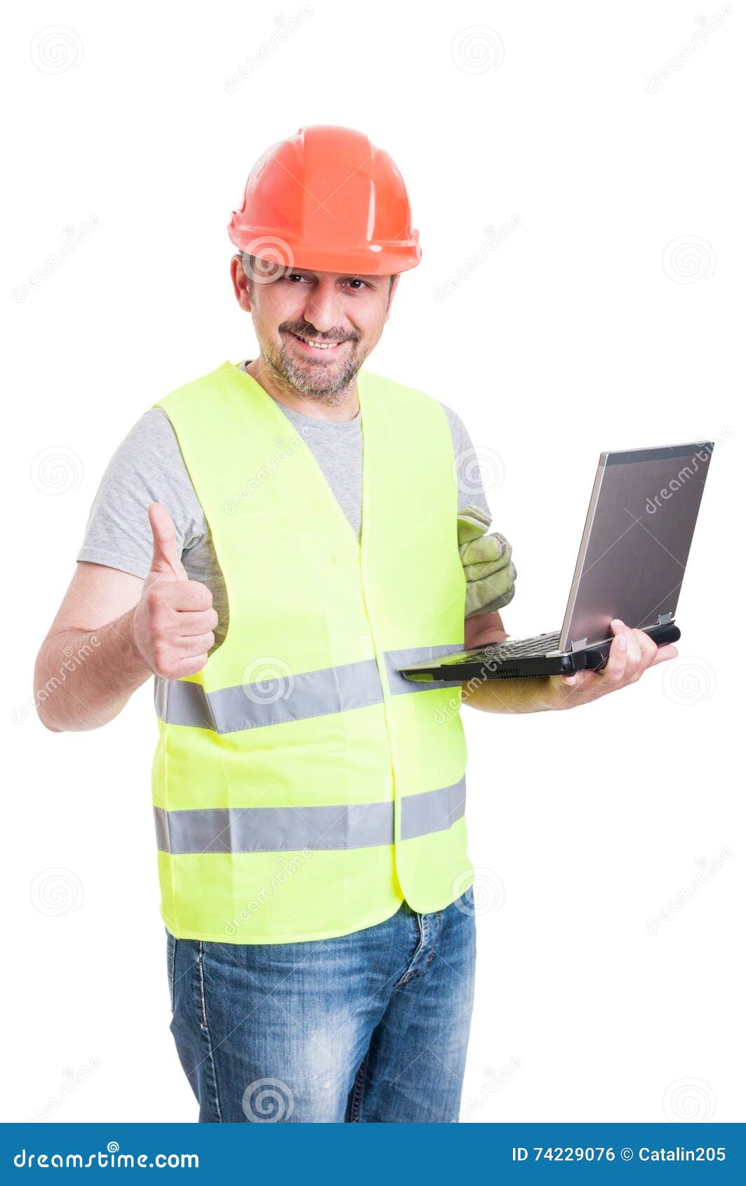 Happy Engineer with Laptop Doing Like Gesture Stock Photo - Image of ...