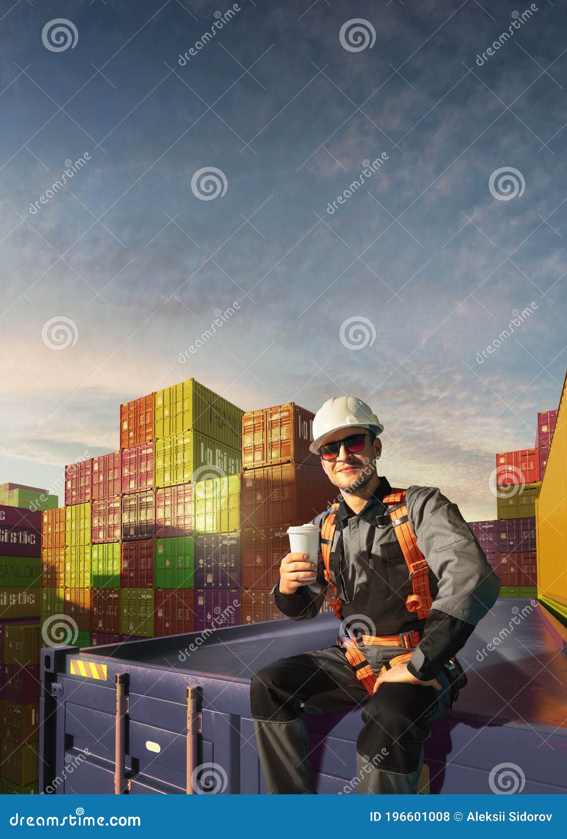 Happy Engineer Sit in Stack Containers. His Happy Drinking Coffee after ...