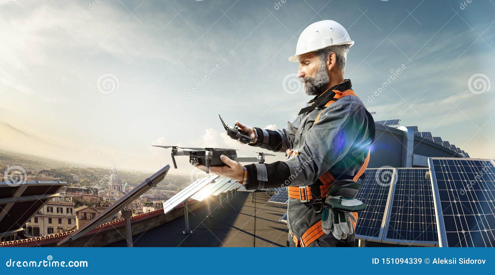 Happy Engineer Using Drone for Cheking Solar Station. in Roof Stock ...