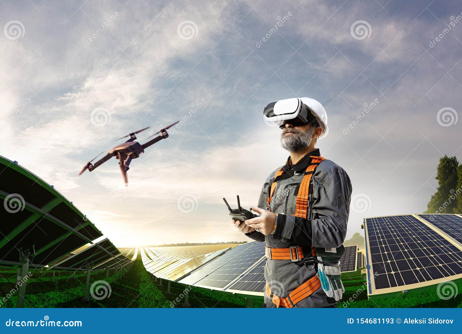 Happy Engineer Using Drone and Vr Helmet for Cheking Solar Station ...