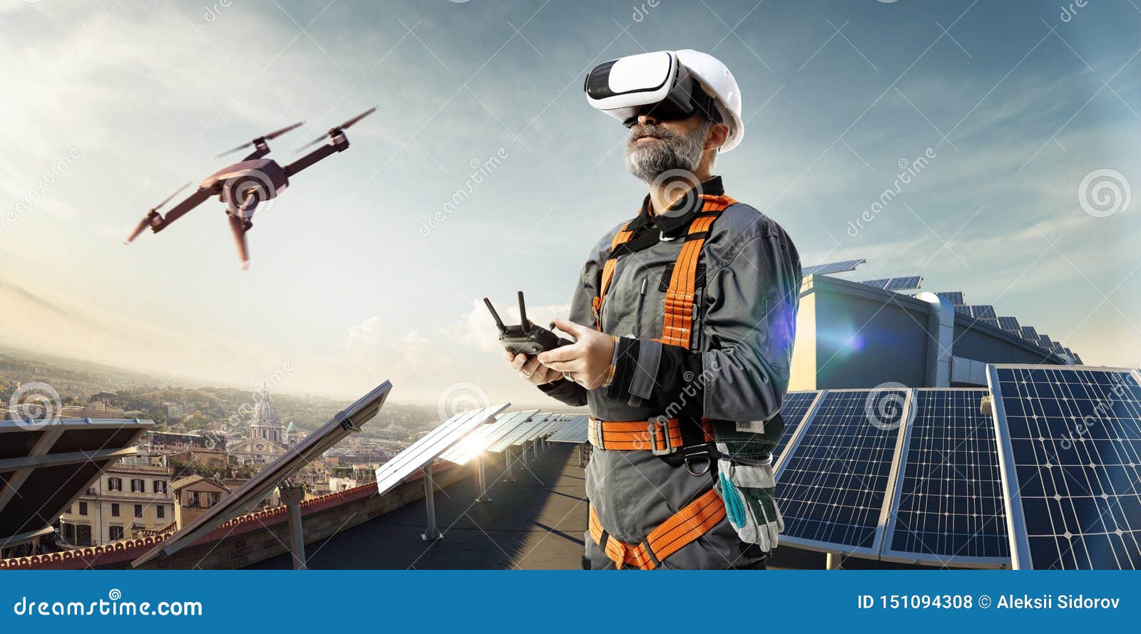 Happy Engineer Using Drone and Vr Helmet for Cheking Solar Station. in ...