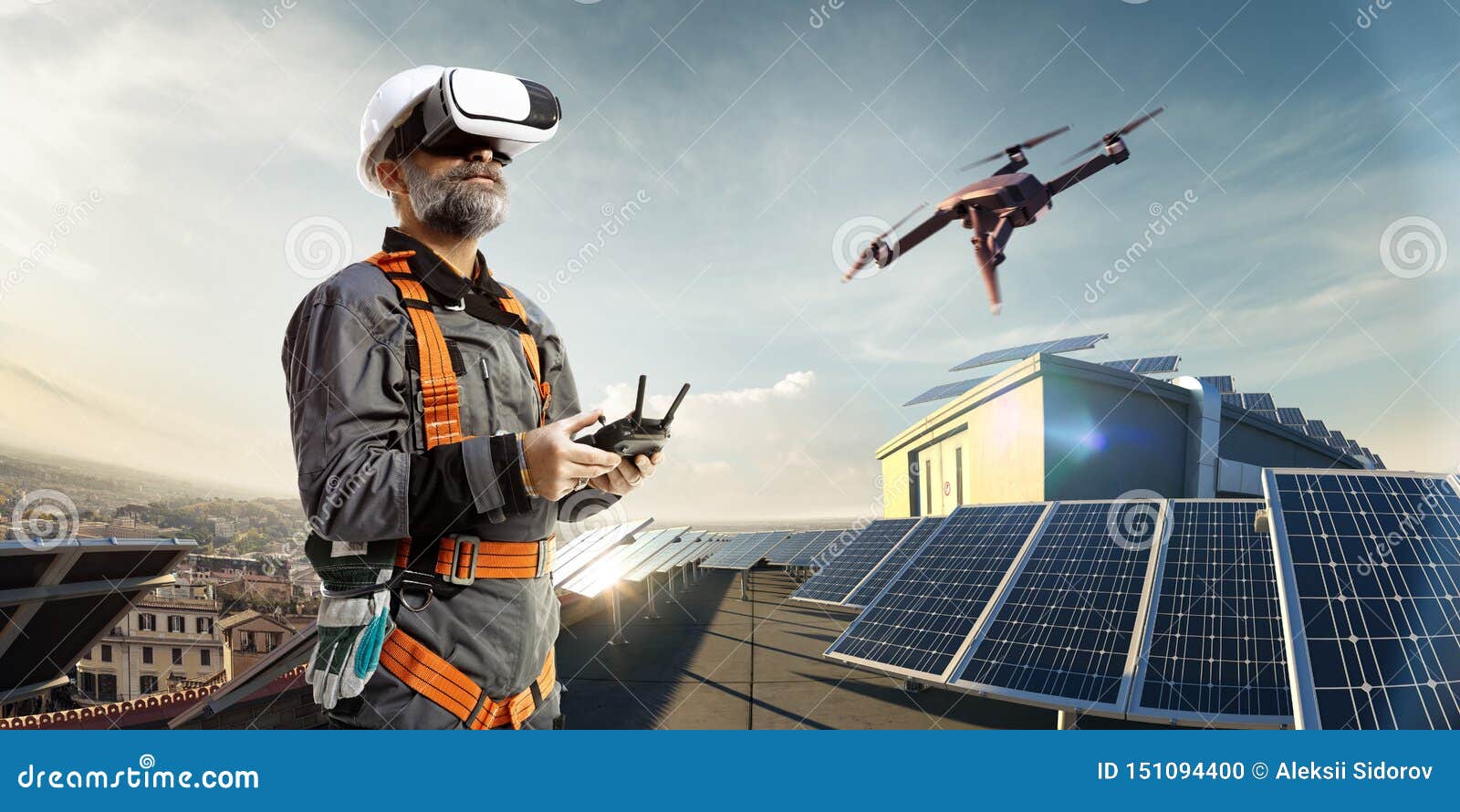 Happy Engineer Using Drone And Vr Helmet For Cheking Solar Station. In ...