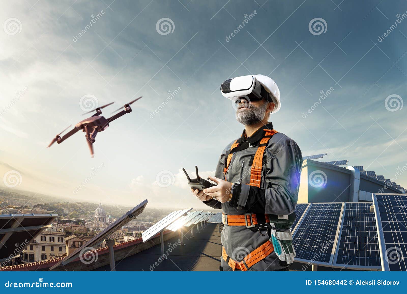 Happy Engineer Using Drone and Vr Helmet for Cheking Solar Station. in ...